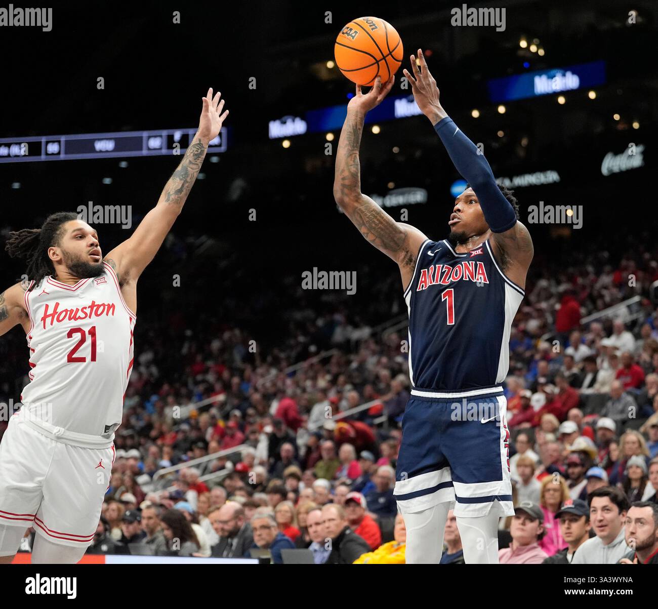 MAR 15 2025: Arizona Wildcats guard Caleb Love (1) makes a three point ...