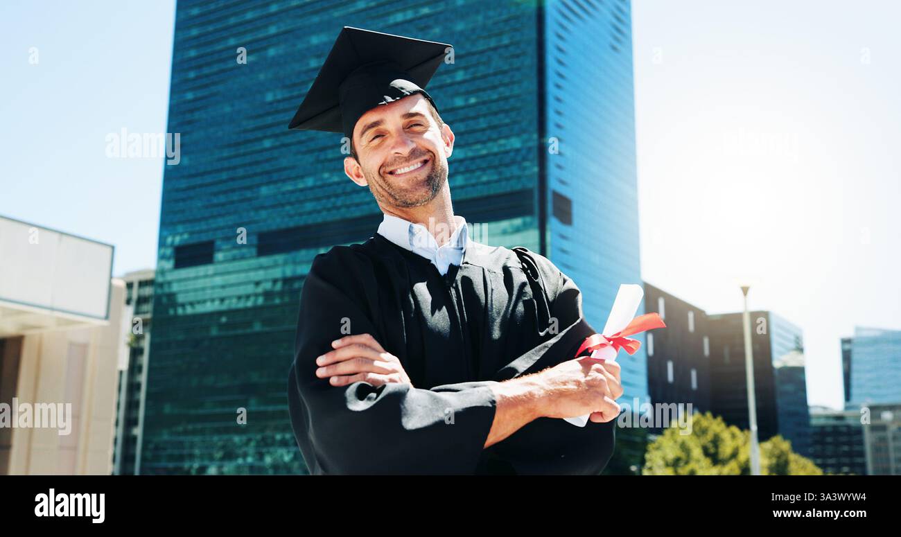 Portrait, outdoor and man with graduation, arms crossed and smile with ...