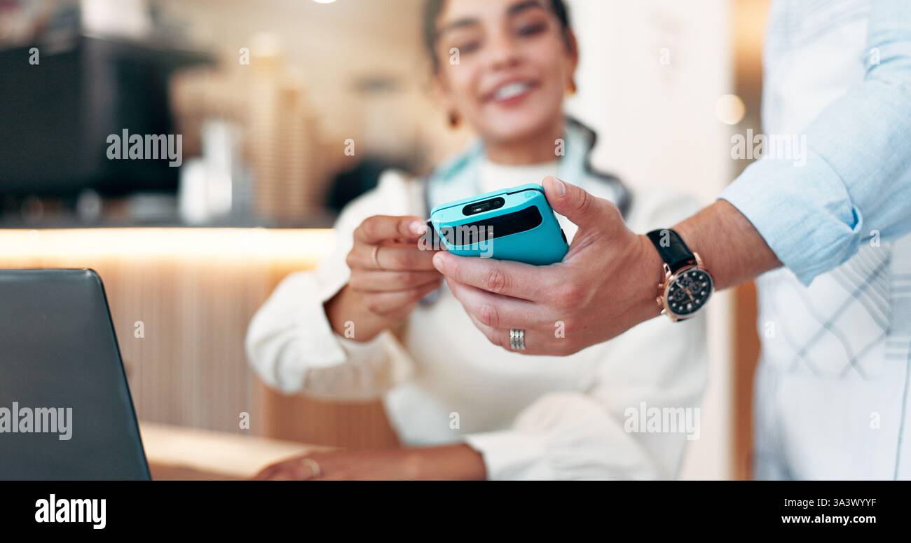 Customer, hand and waiter with POS machine at cafe for payment, NFC ...