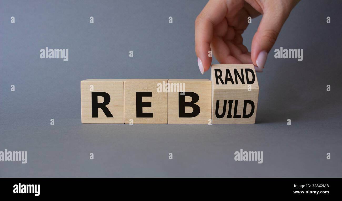 Rebrand and Rebuild symbol. Businessman hand Turnes cube and changes ...