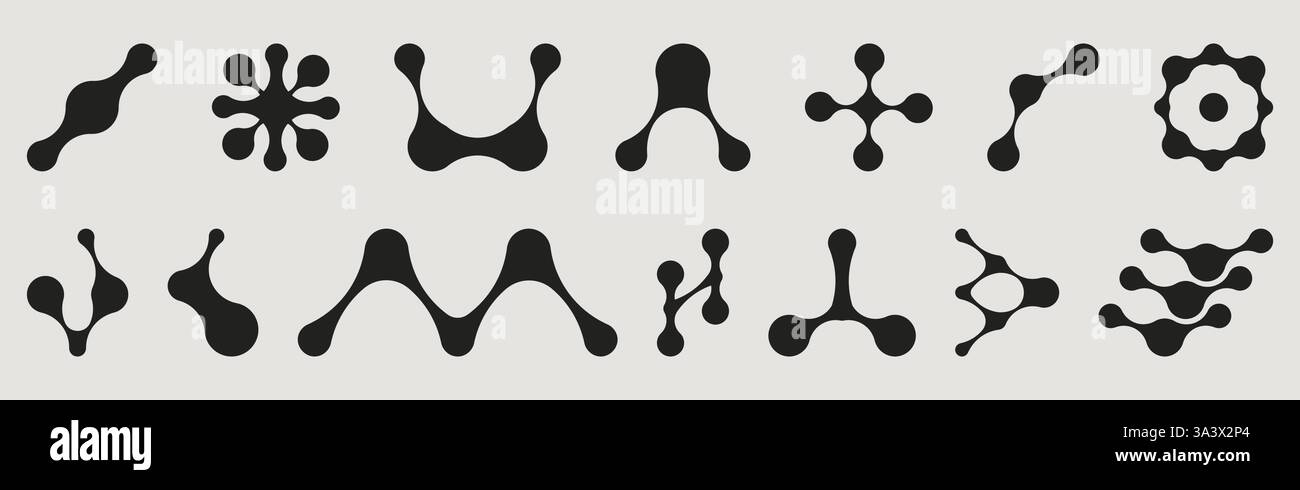 Metaball shapes set isolated on background. Vector illustration of black dots connected into ...