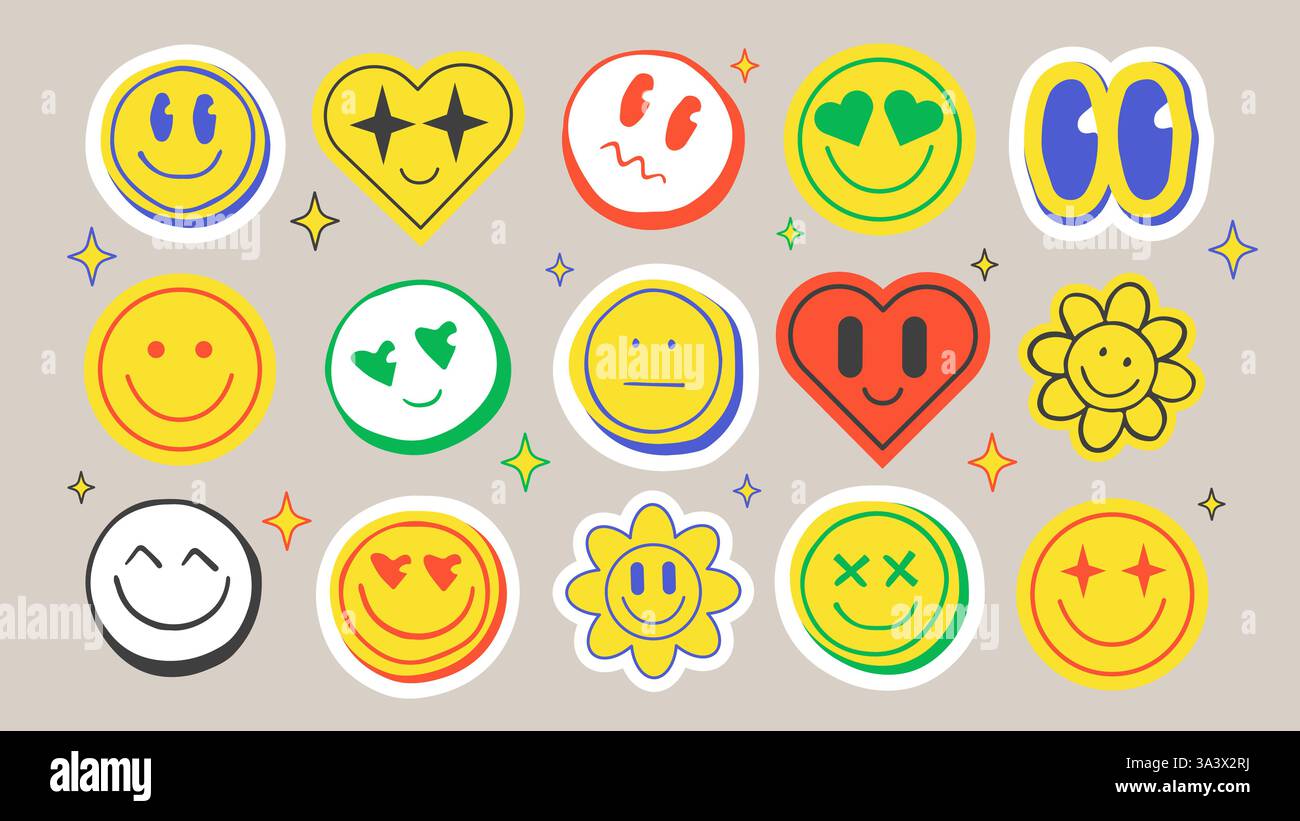 Groovy emoji stickers set isolated on background. Vector cartoon illustration of round, heart ...