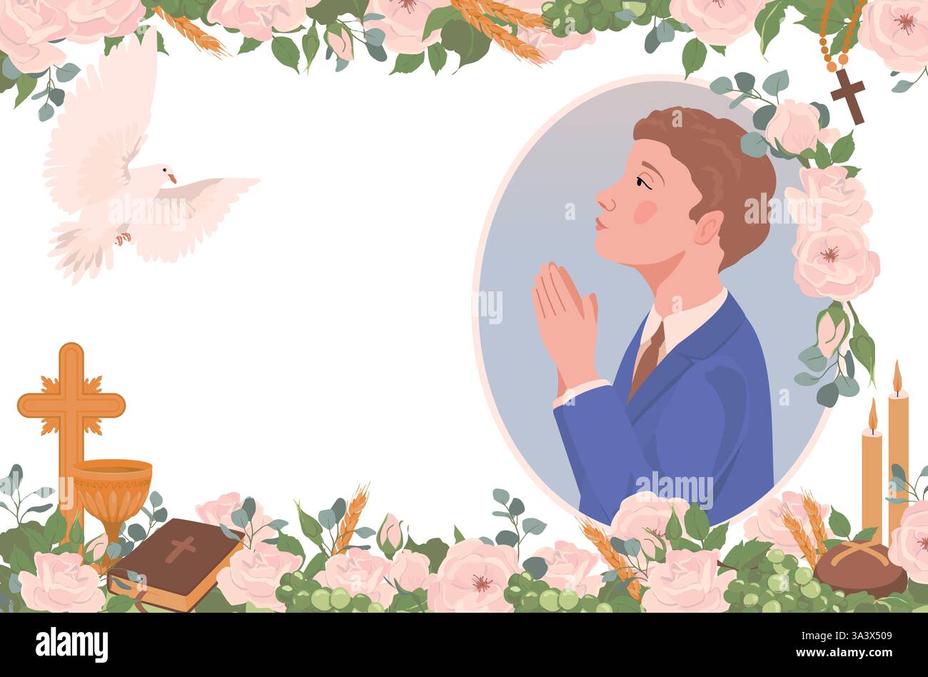 Invitation to the First Communion. Praying Catholic boy. Vector church ...