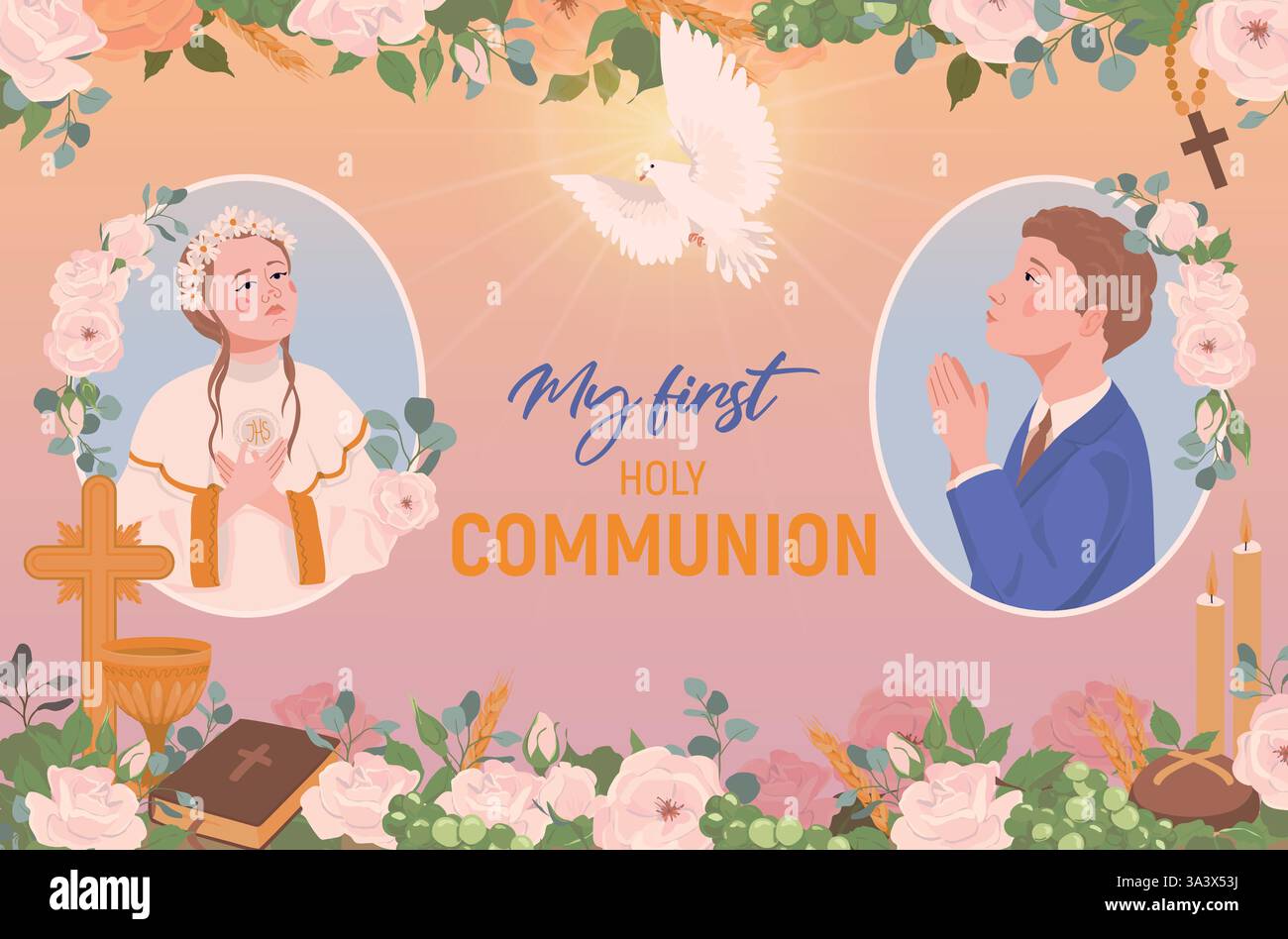 Invitation for First Communion. Vector church attributes. Boy and girl ...