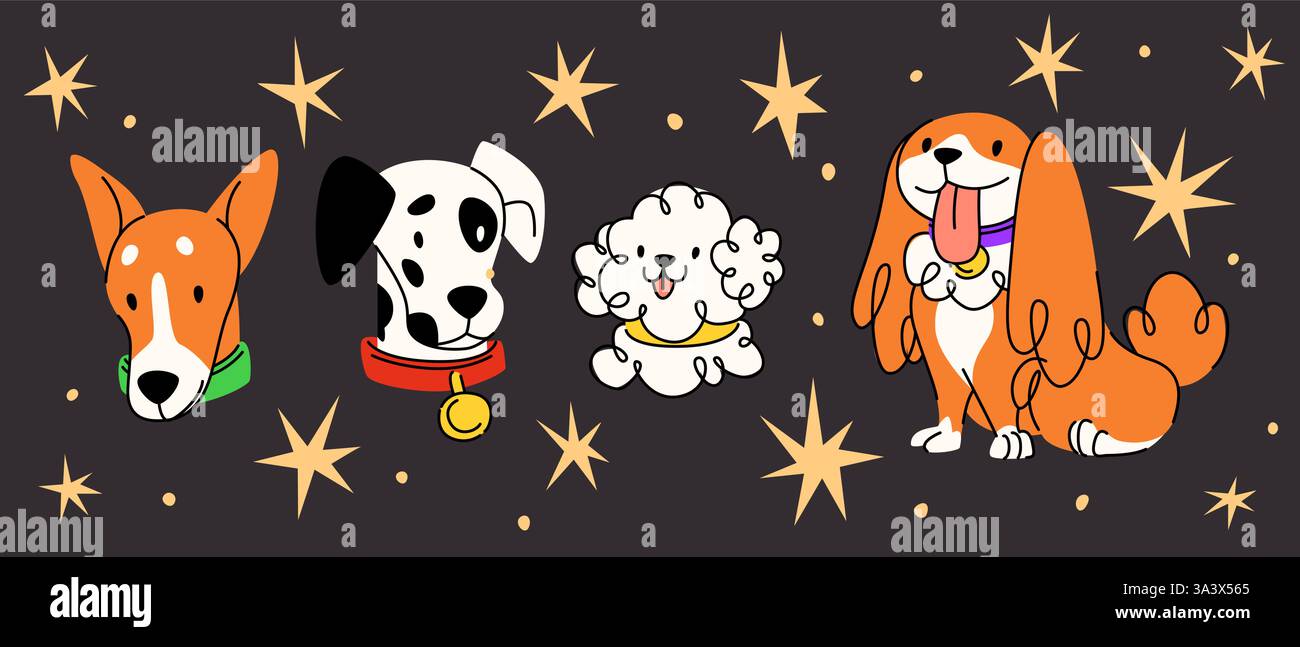 Retro doodle dog illustrations - hand drawn canine characters with ...