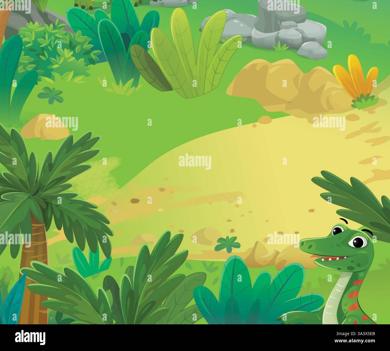 cartoon dinosaur land scene with animal dino in the jungle illustration ...