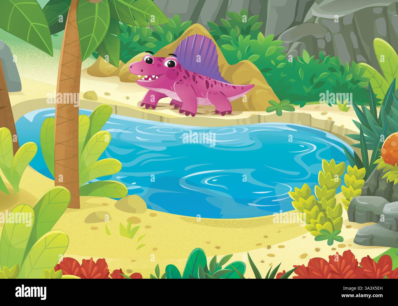 cartoon dinosaur land scene with animal dino in the jungle illustration ...