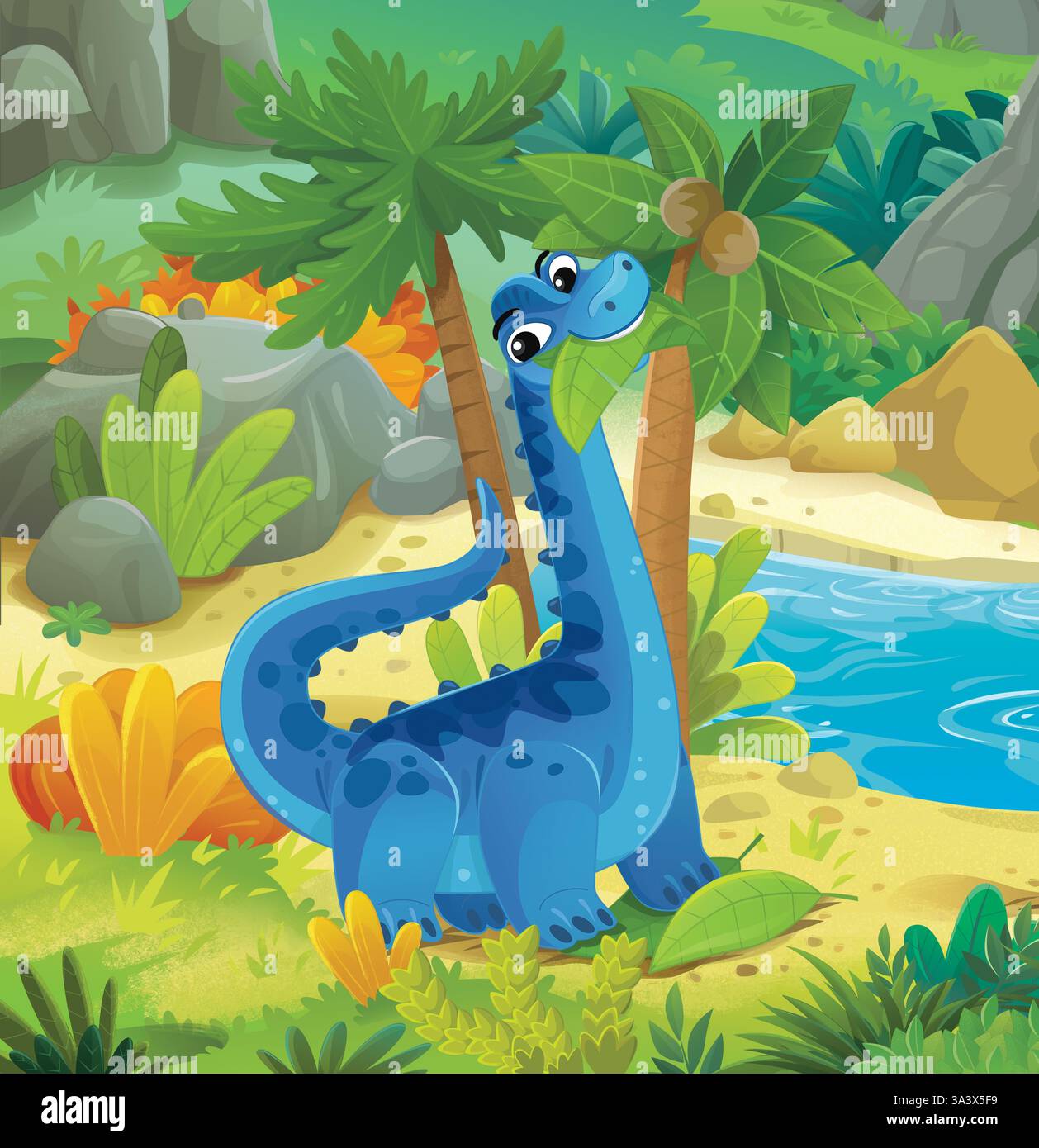 cartoon dinosaur land scene with animal dino in the jungle illustration ...