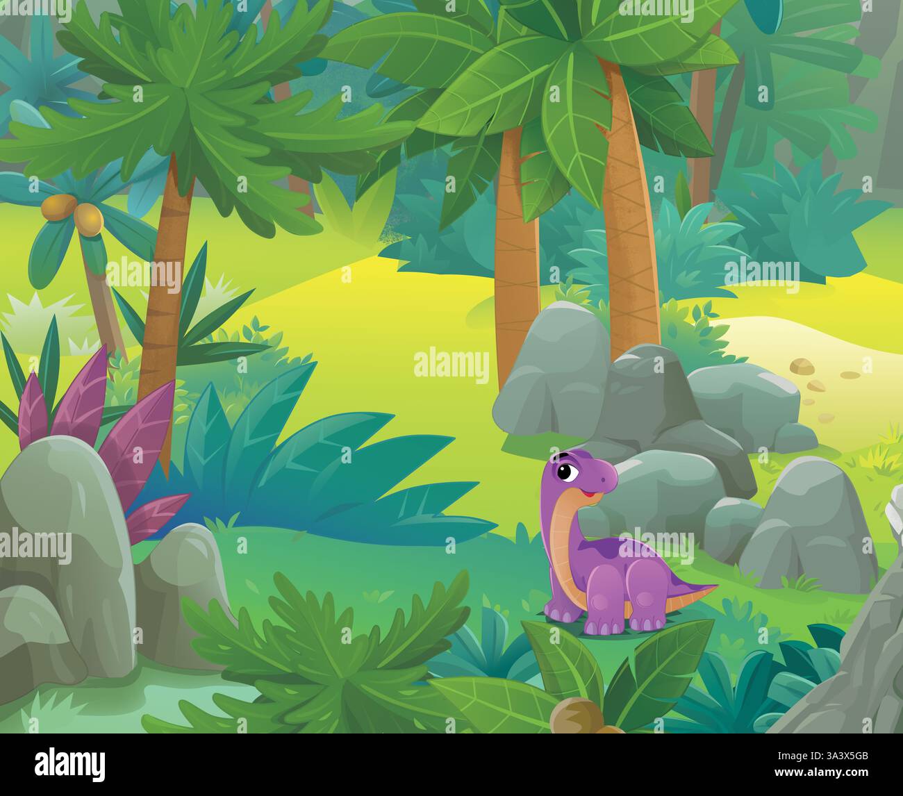 cartoon dinosaur land scene with animal dino in the jungle illustration ...