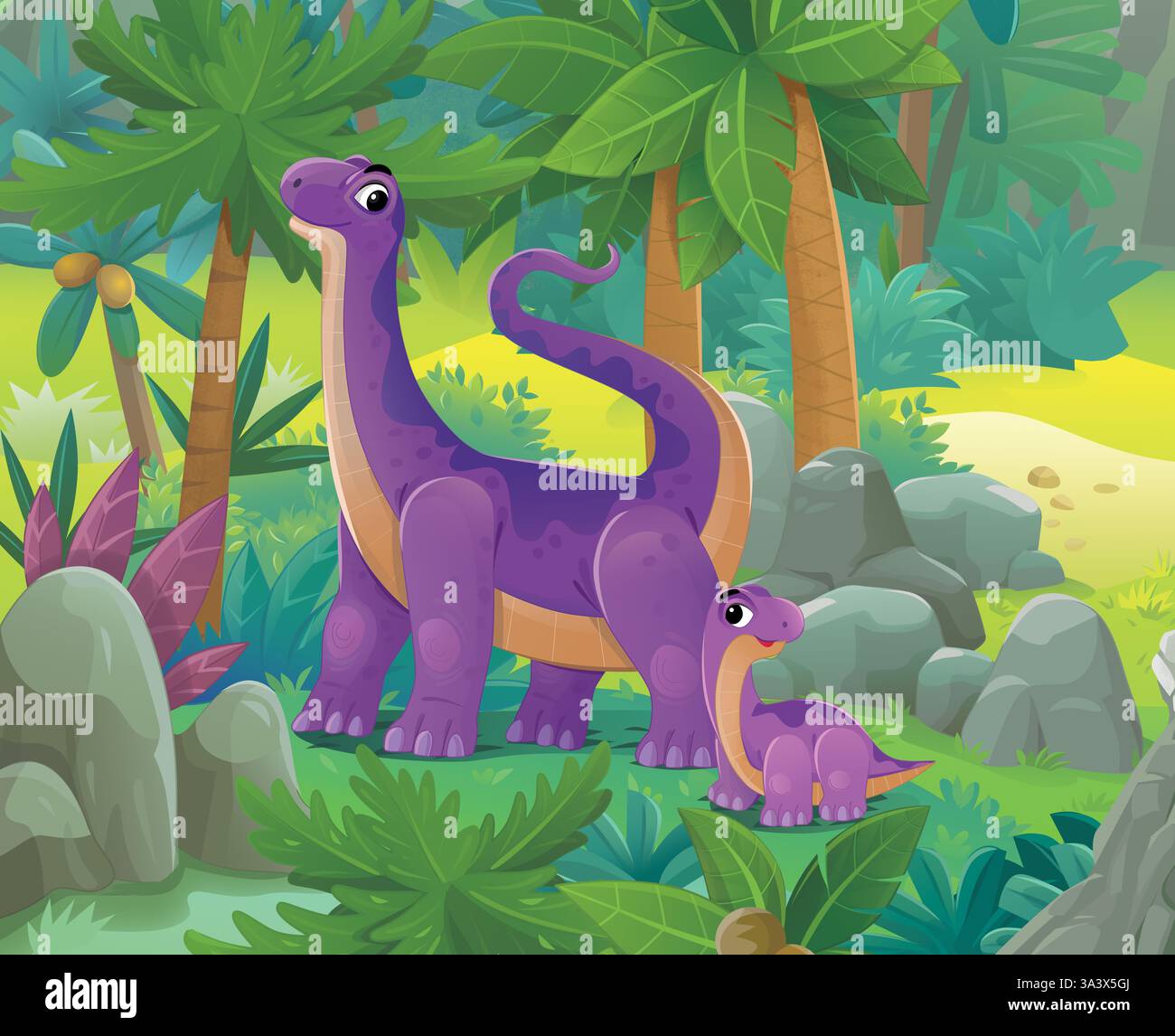 cartoon dinosaur land scene with animal dino in the jungle illustration ...