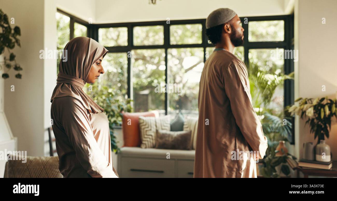 Muslim, couple and Islamic prayer with faith of spiritual worship ...