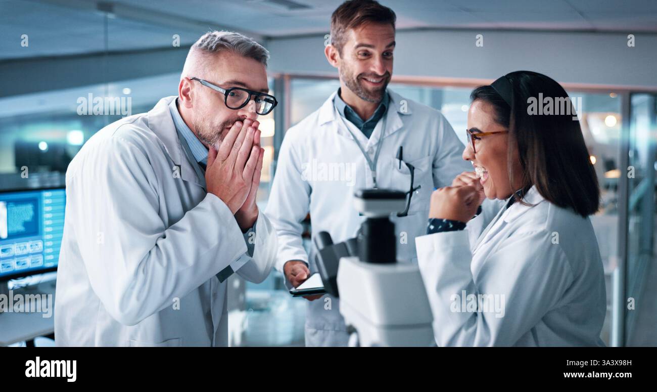 Microscope, teamwork and success with people in laboratory for DNA ...