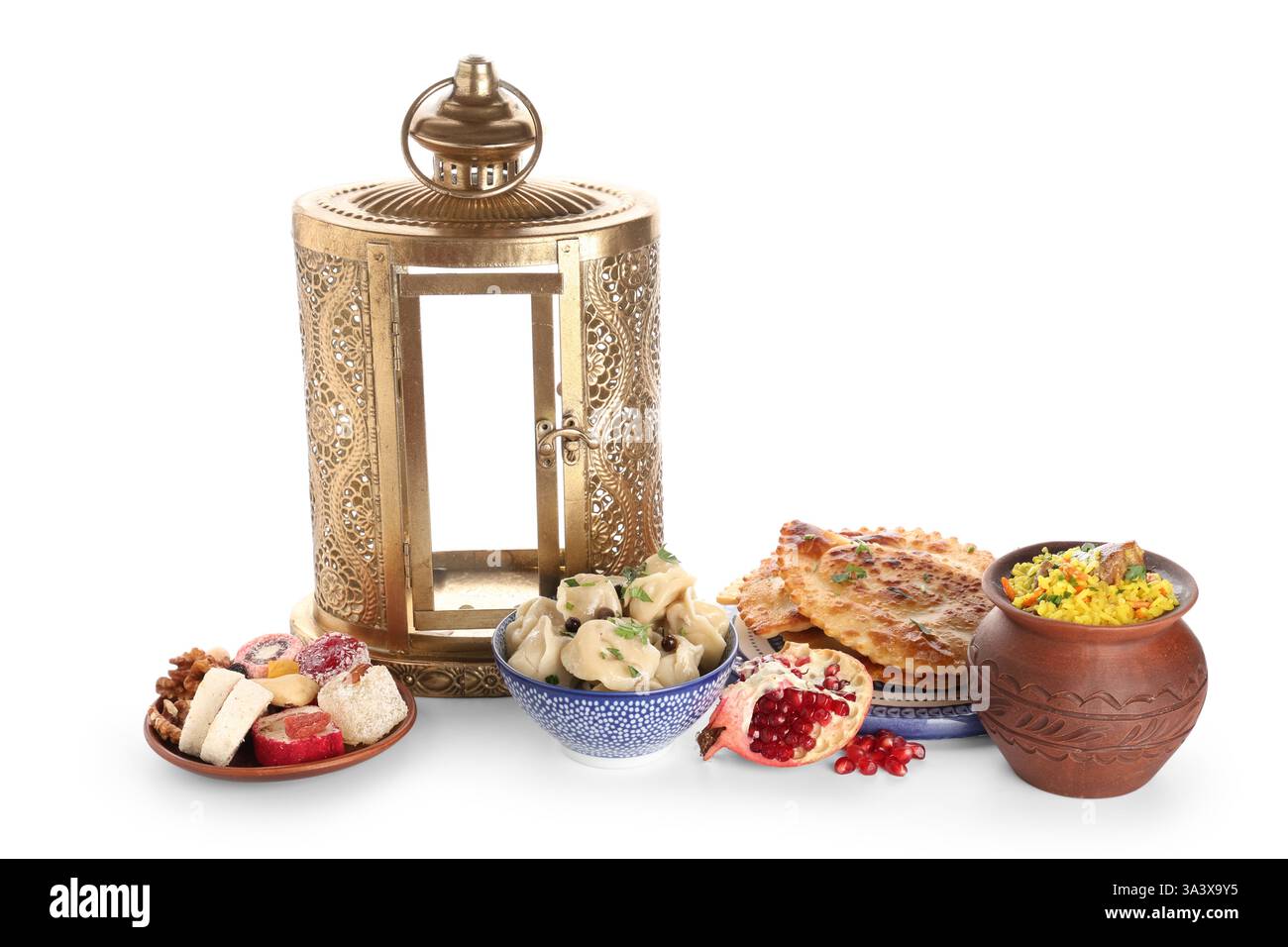 Traditional Eastern dishes and Muslim lantern on white background ...