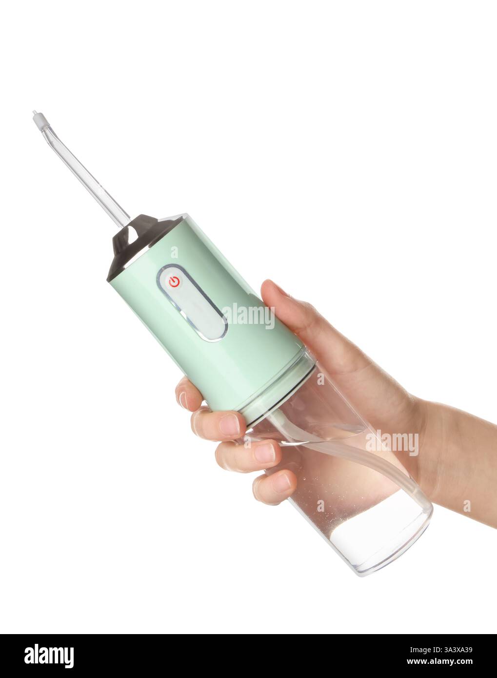 Female hands holding oral irrigator on white background Stock Photo - Alamy