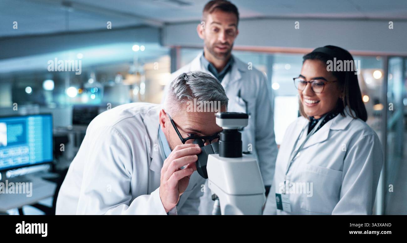 Research, teamwork and microscope with people in laboratory for DNA ...