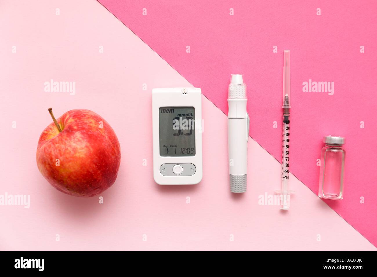 Modern glucometer with lancet pen, insulin ampule, apple and syringe on ...