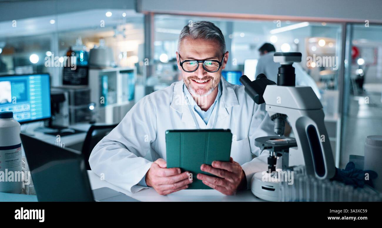 Science, smile and tablet with man in laboratory for research results ...