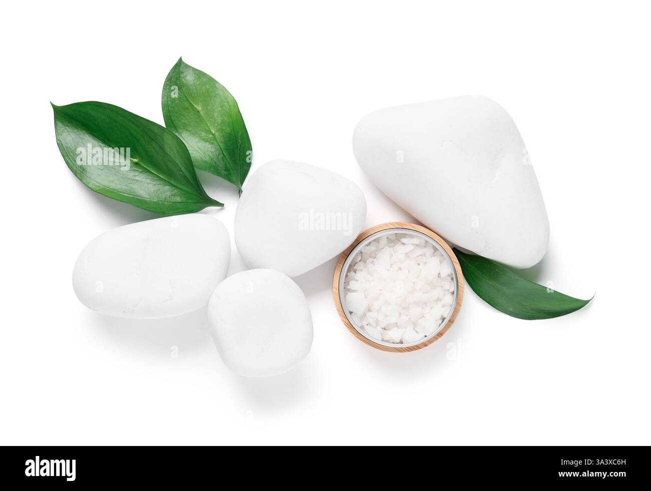 Composition with jar of sea salt, spa stones and plant leaves on white ...