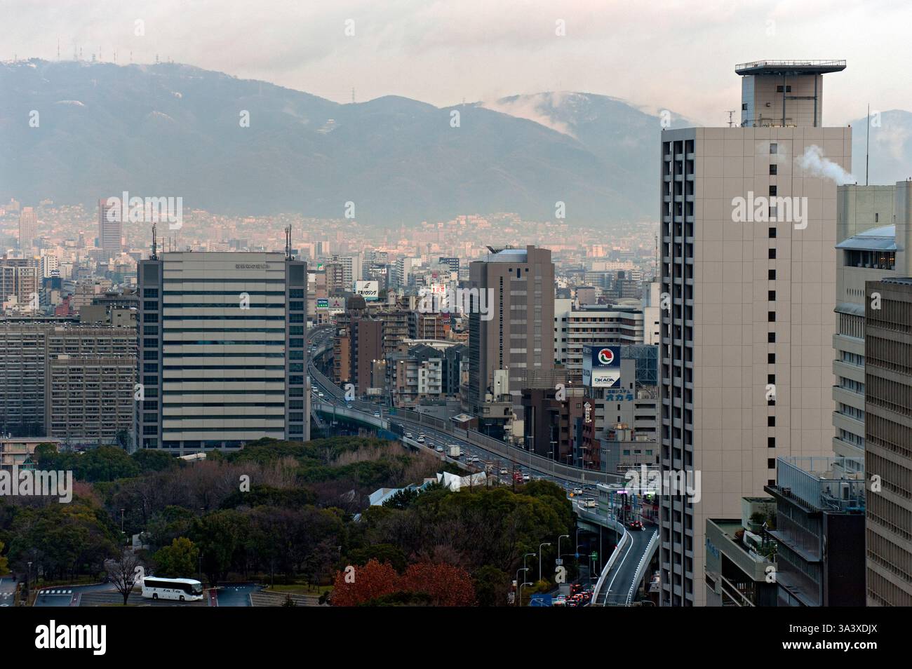Aerial view of Osaka seen from Osaka Museum of History showing sea of ...