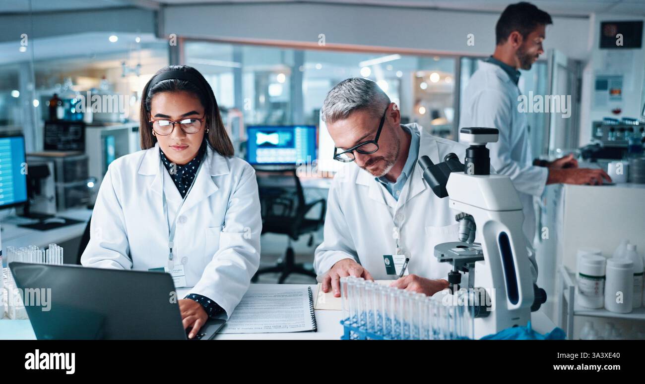 Collaboration, laptop and science with people in laboratory together for breakthrough or ...