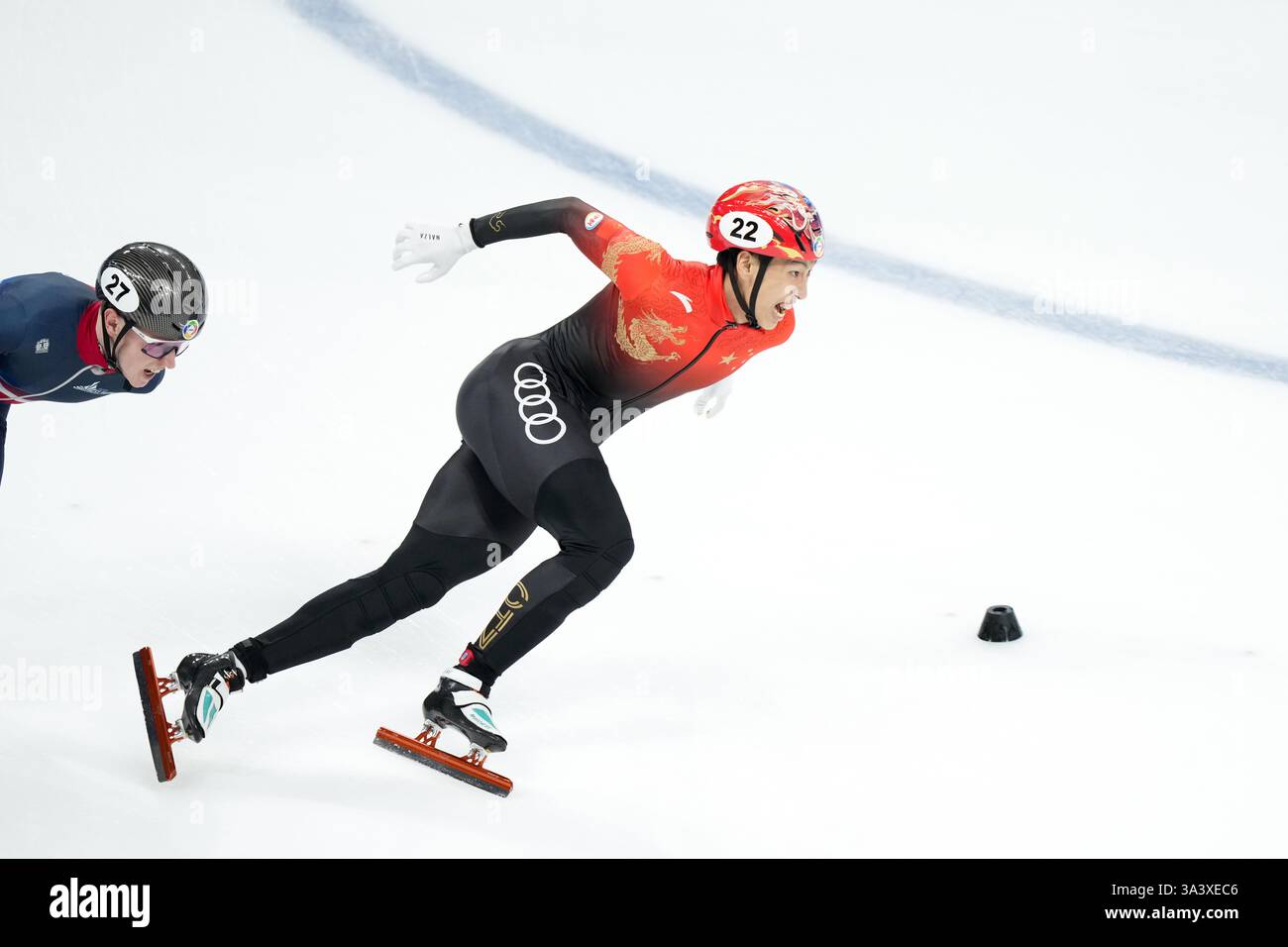 Chinese skater Sun Long competes in the men's 5000m relay semifinal at ...