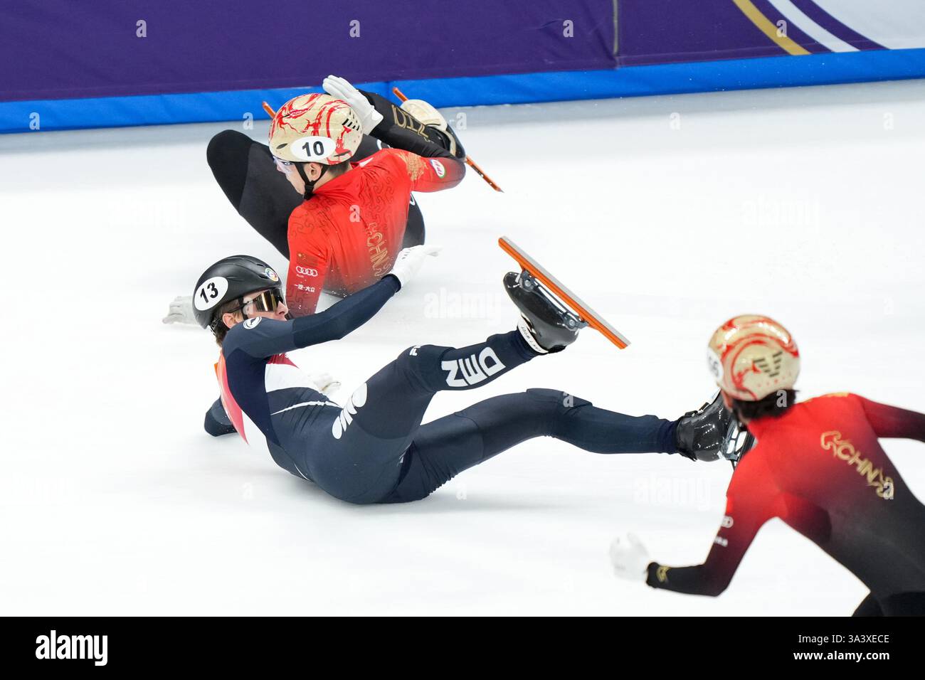 Chinese skater Liu Shaoang falls down with Dutch skater Jens Van'T Wout ...