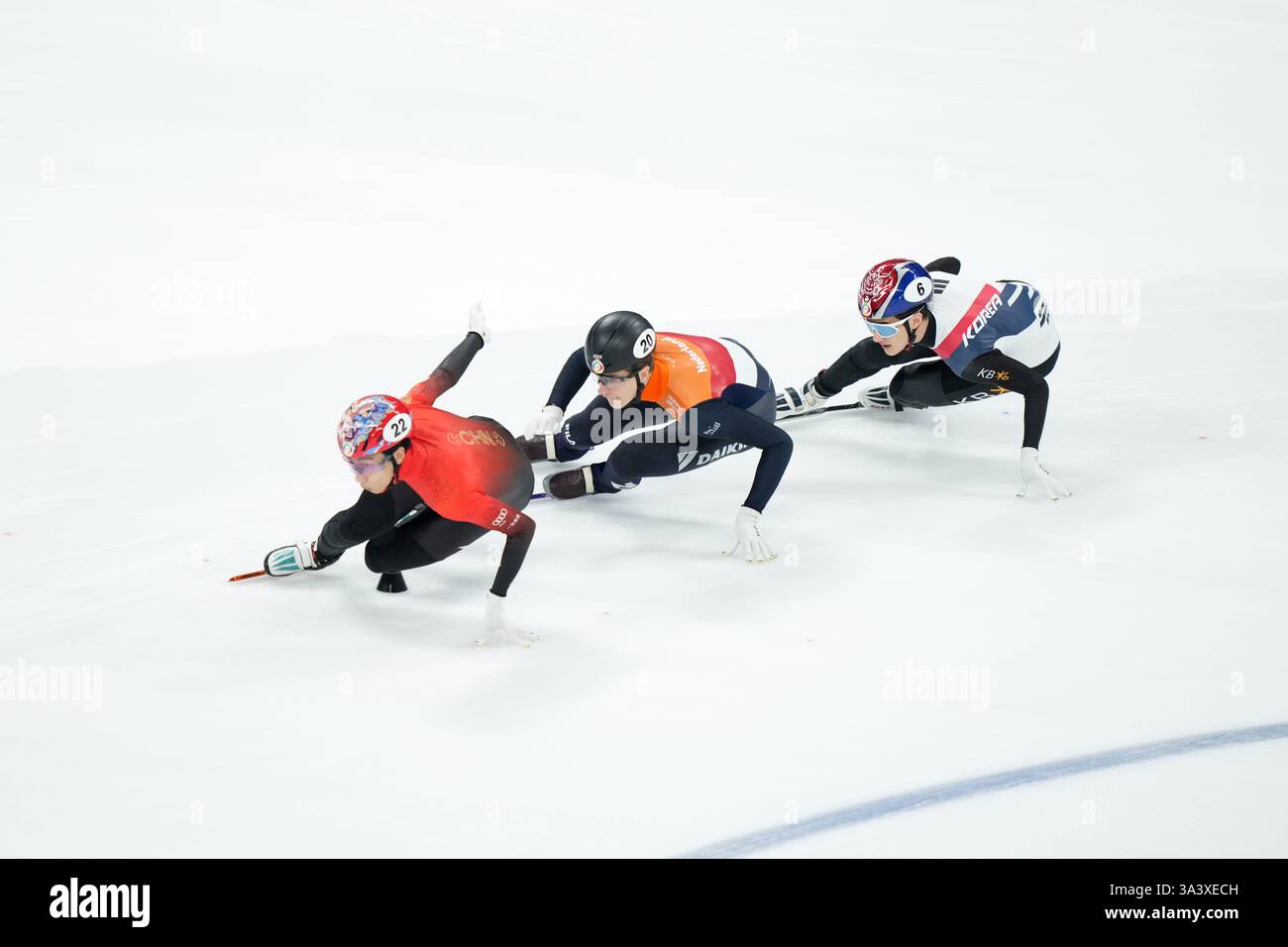 Chinese skater Sun Long (left, 1st) competes in the men's 5000m relay ...