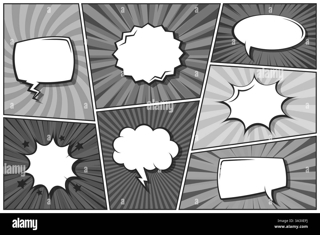 Cartoon comic backgrounds set. Speech bubble. Comics book black and white poster with halftone ...