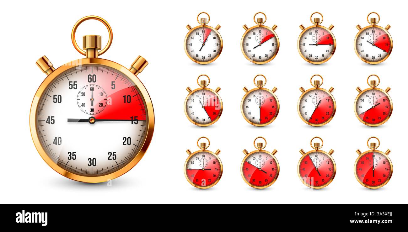 Realistic classic stopwatch. Shiny golden metal chronometer, time ...