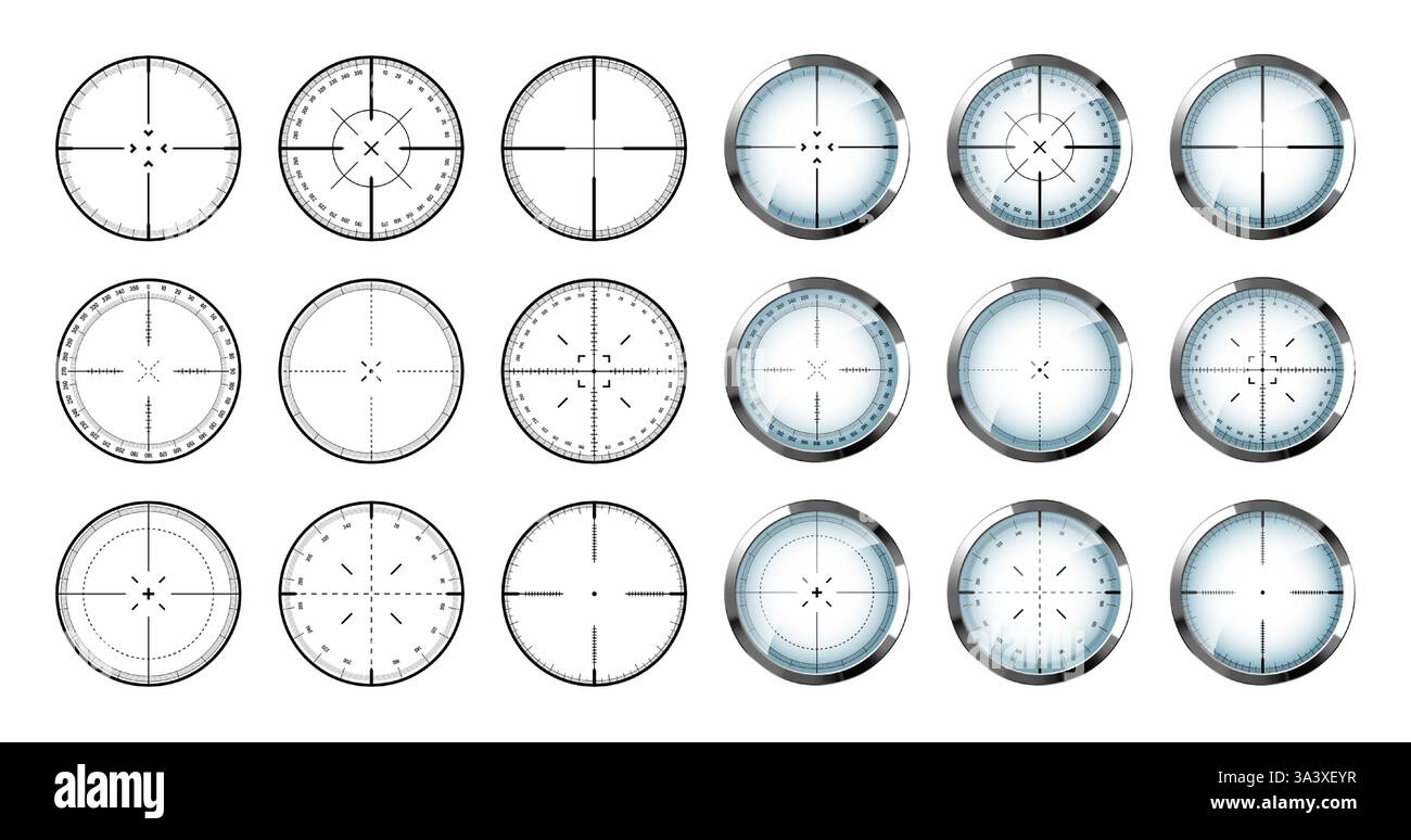 Chrome weapon sights, sniper rifle optical scopes. Hunting gun ...