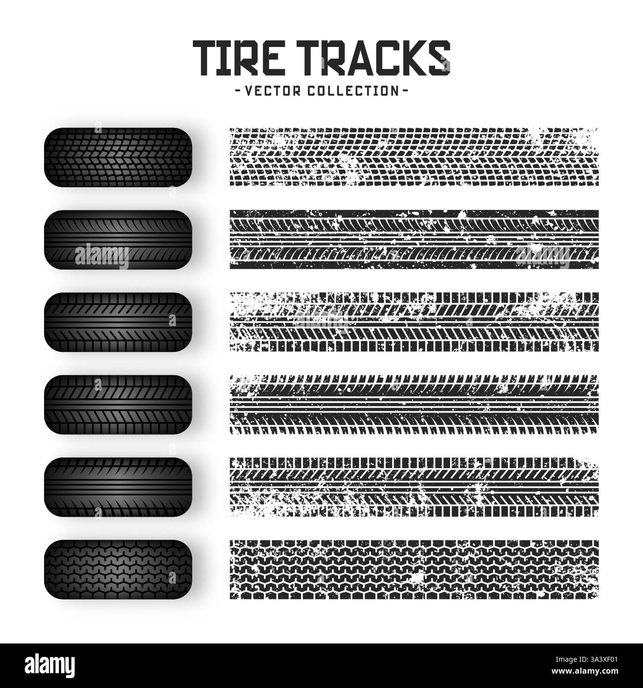 Grunge tire tracks, rubber wheels, and braking marks. Truck, car, or ...