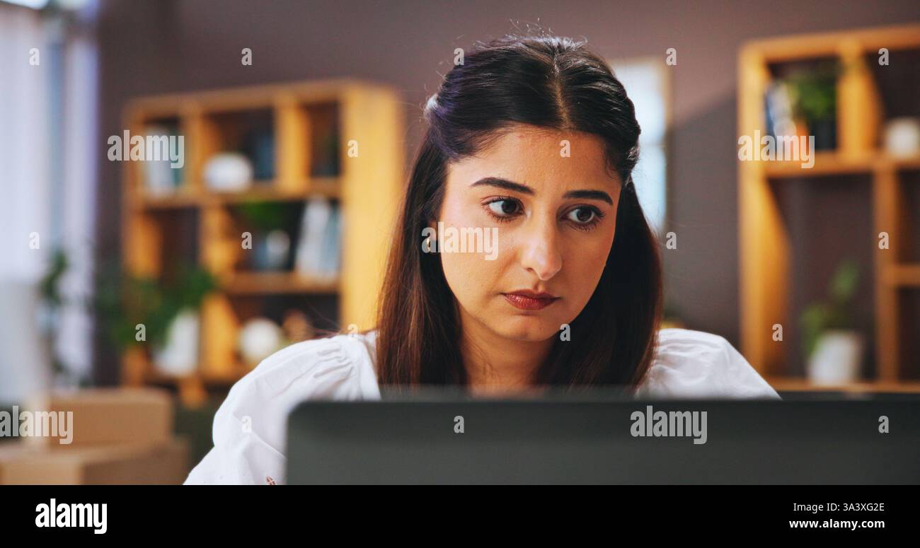 Laptop, woman and home for online remote work with thinking, research ...