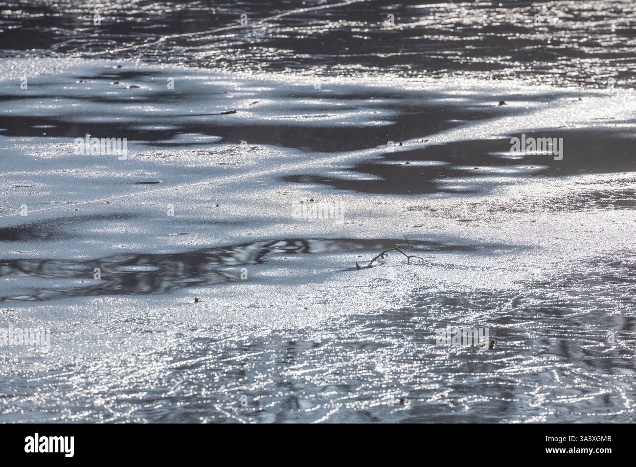 Puddles, Melting ice, Ice surface against the light, Germany Stock ...