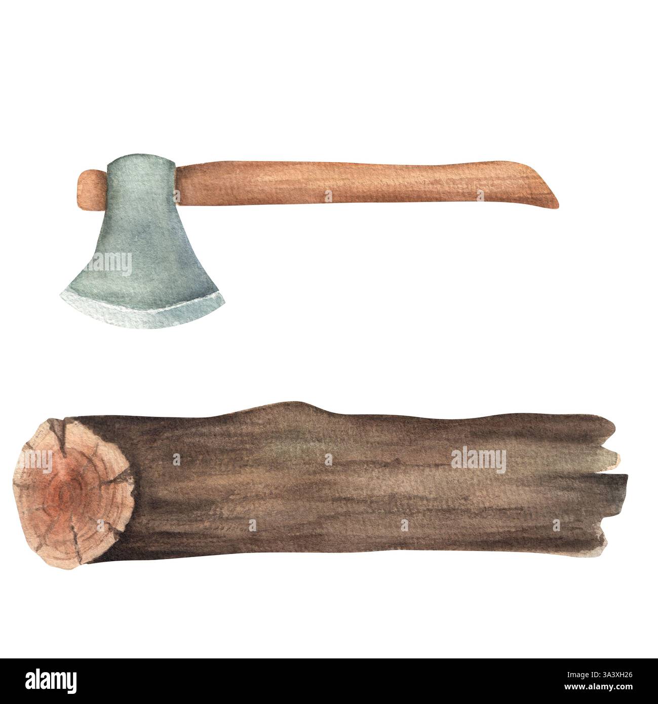 An axe and tree log. Firewood. Felled tree trunk. Camping equipment ...