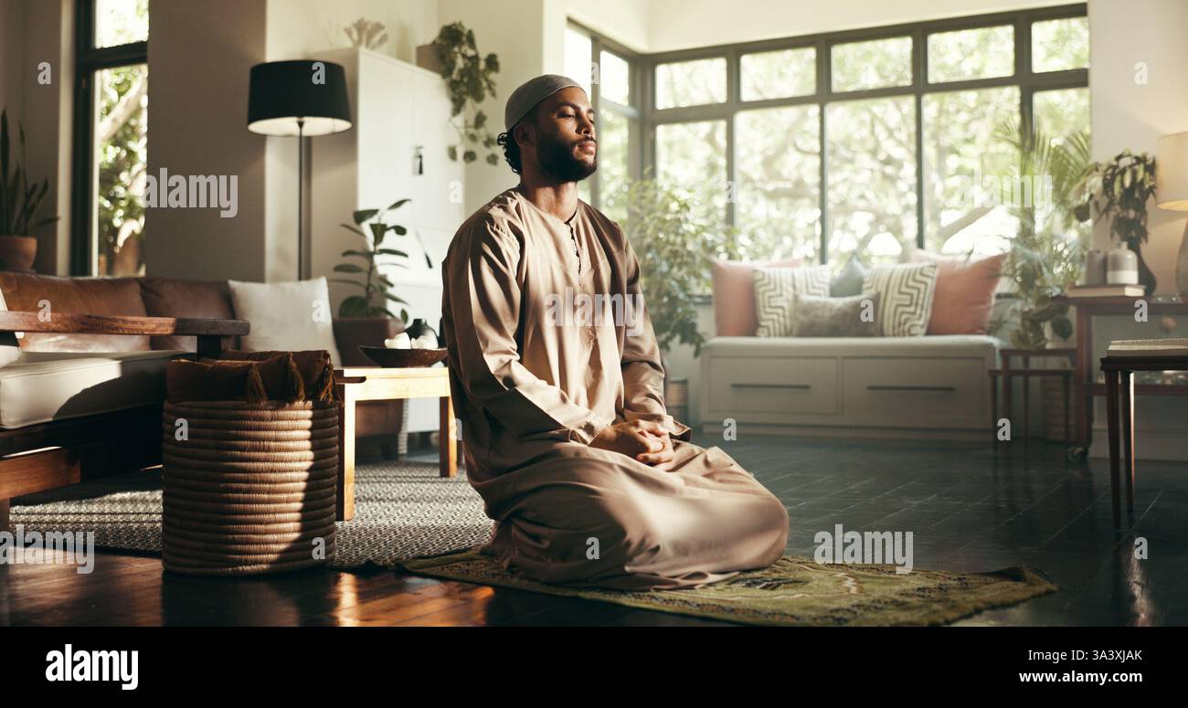Man, Islamic religion and mat in home with worship for ramadan, Muslim ...
