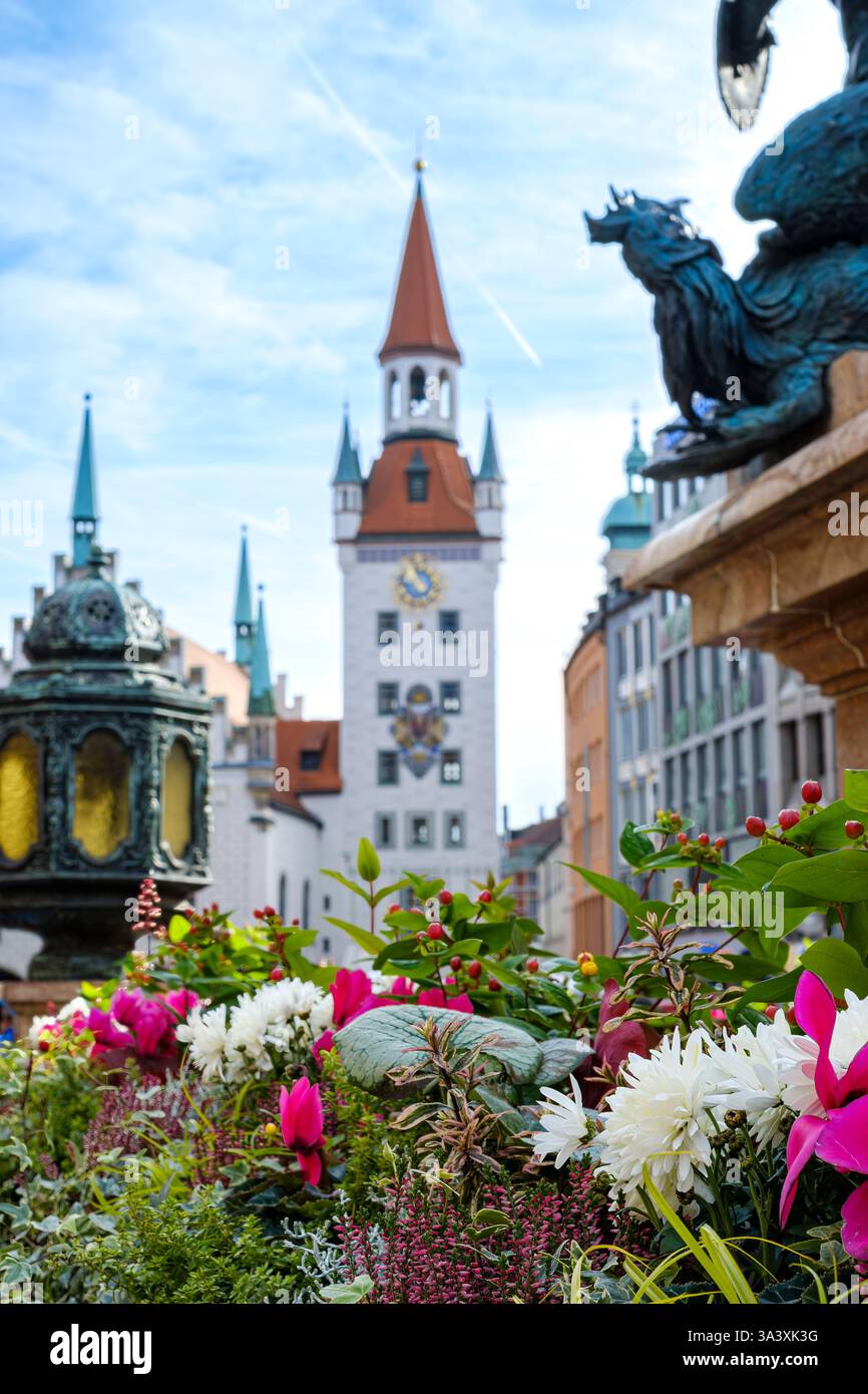 Flower decoration and lantern at the foot of the Marian Column, in the ...