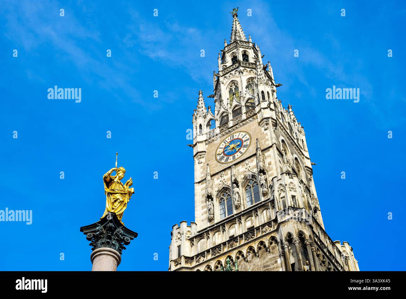 Marian Column and Town Hall Tower on Marienplatz in Munich, Bavaria ...