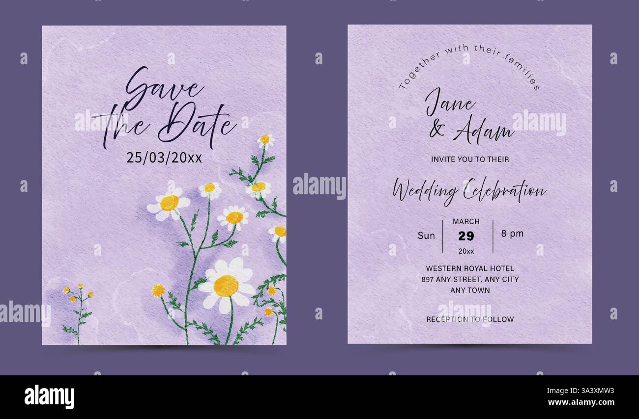 Watercolor soft purple textured background with white daisy Wedding ...