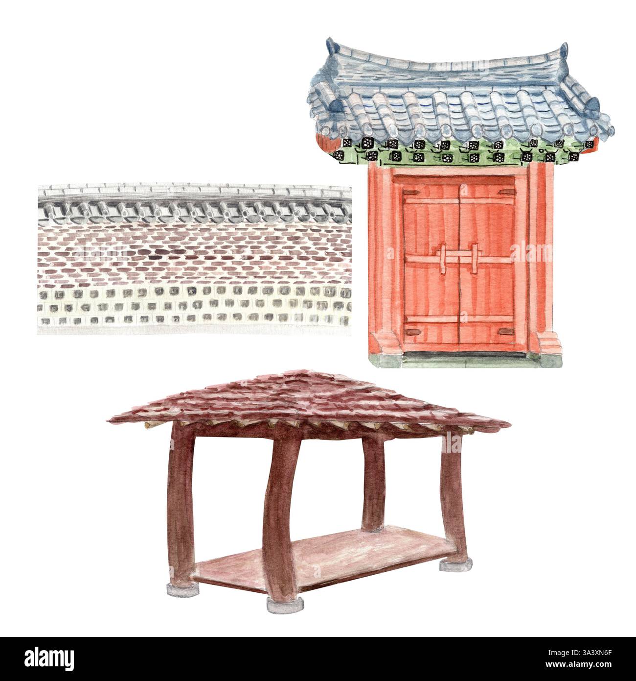 Asian style gates, pavilion, gazebo, wall watercolor set. Hand drawn ...