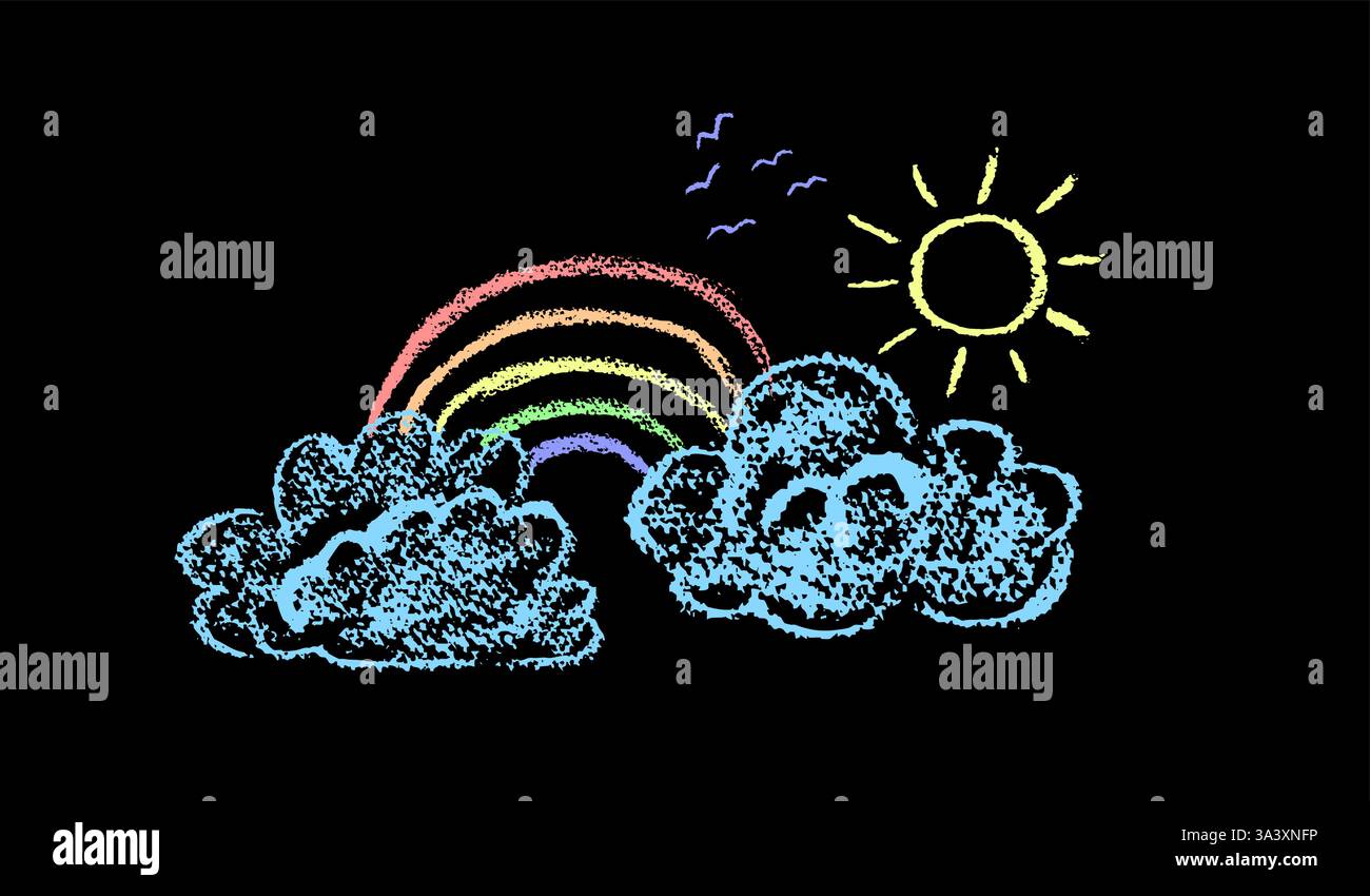 Crayon clouds with rainbow. Sky with sun and silhouette of a flock of ...