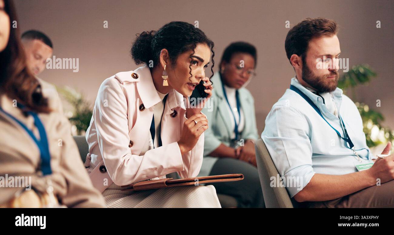 Audience, distraction and phone call with business people in conference ...