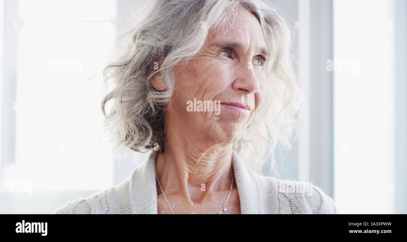 Thinking, retirement and senior woman in home with reflection, idea and ...