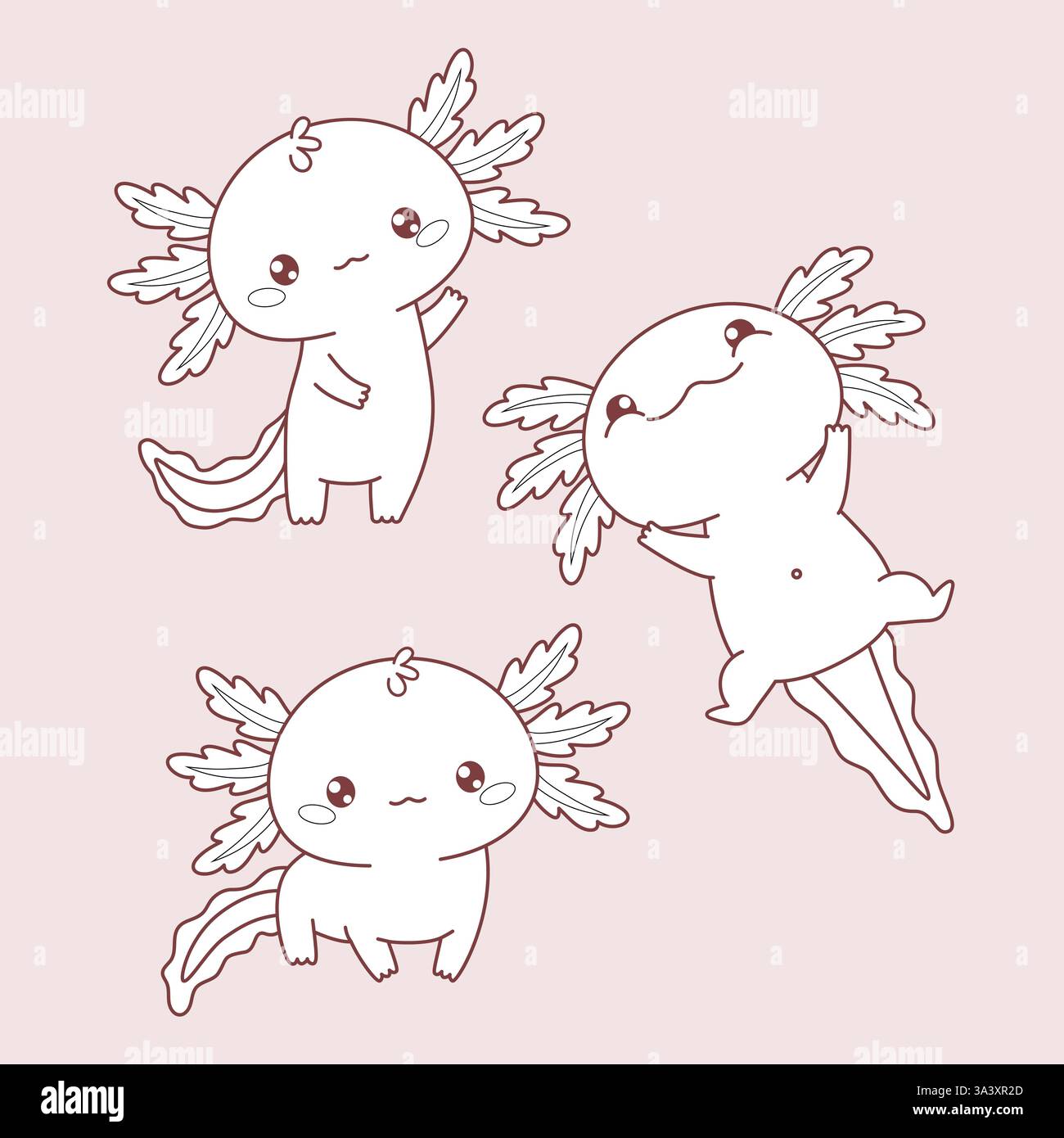 Outline cute Axolotl set. Isolated Little cartoon kawaii character ...