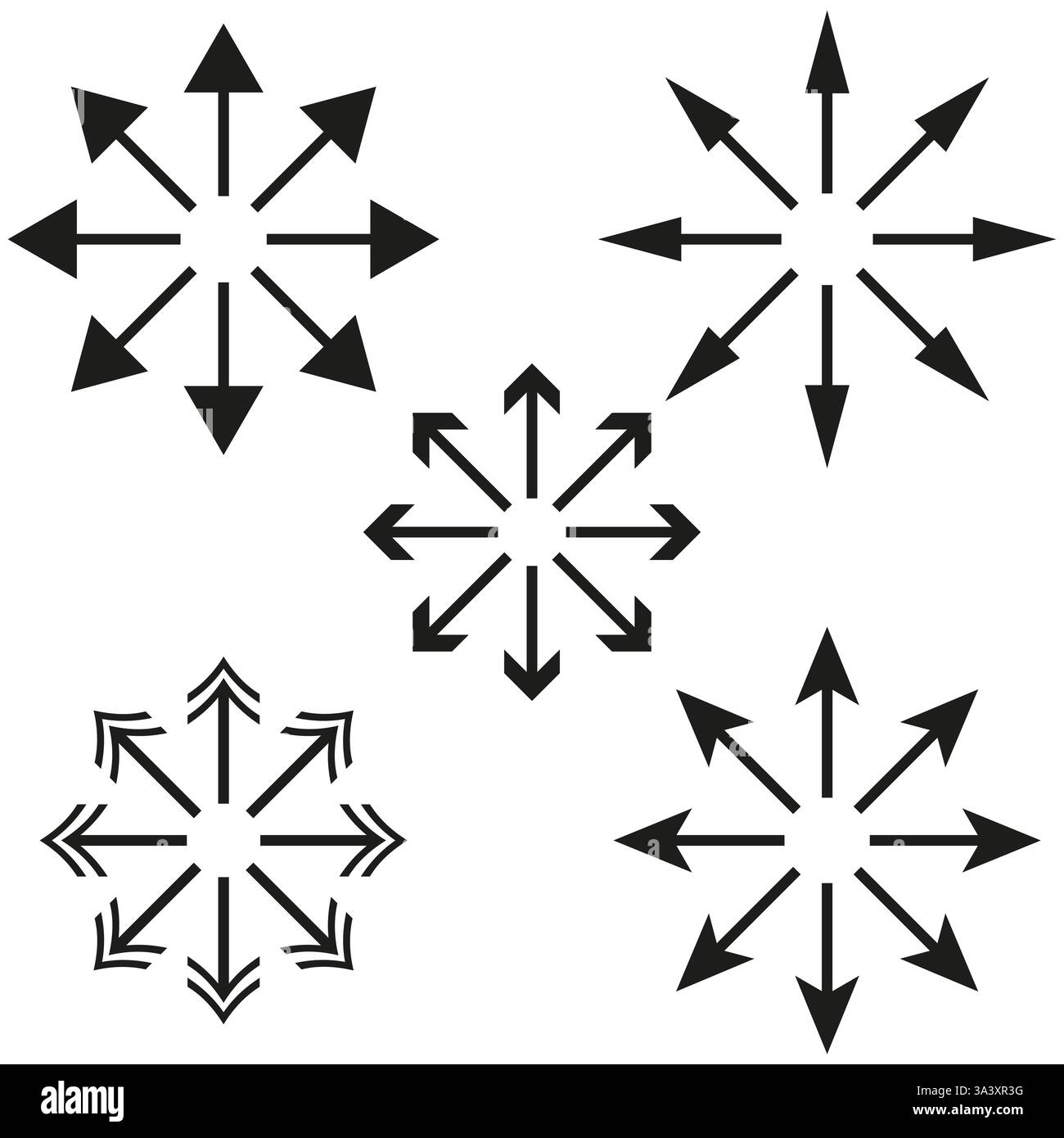 Arrow direction symbol. Expansion movement shape. Outward pointing icon. Black geometric ...