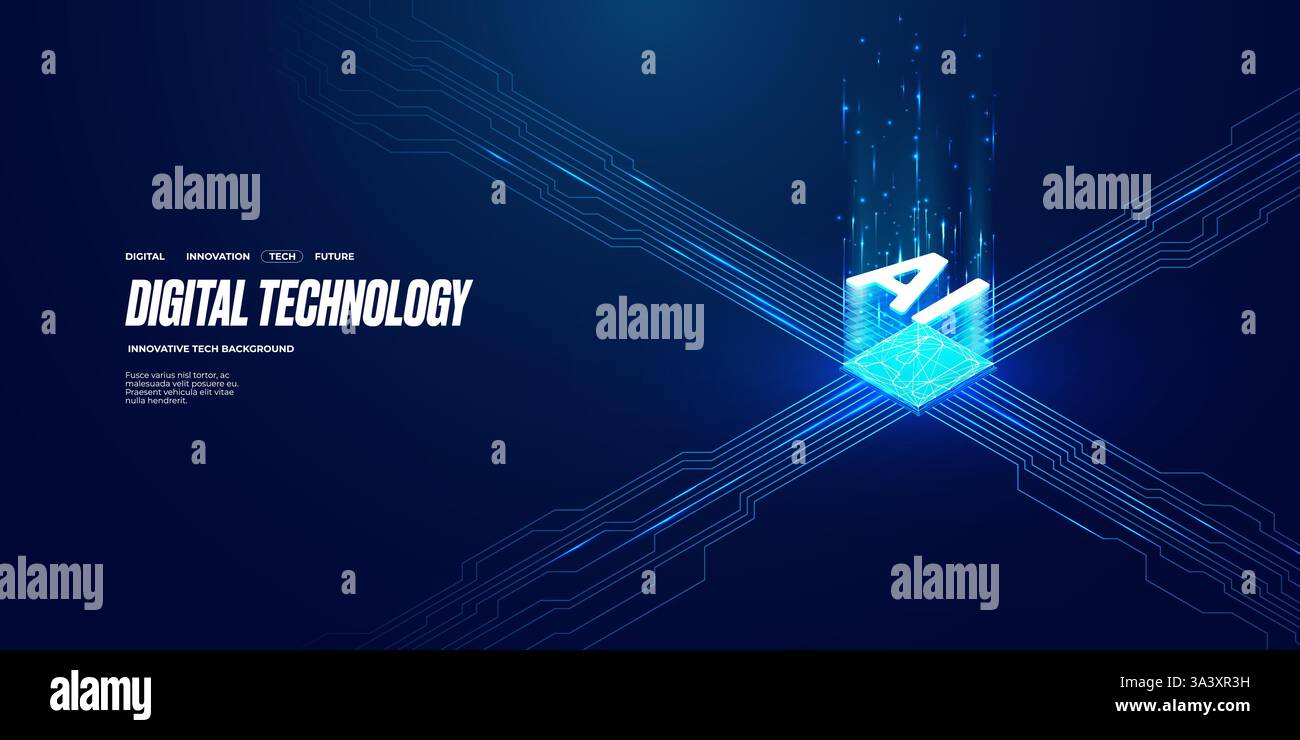 Isometric futuristic tech bg with AI chip hologram and circuit wires Stock Vector Image & Art ...