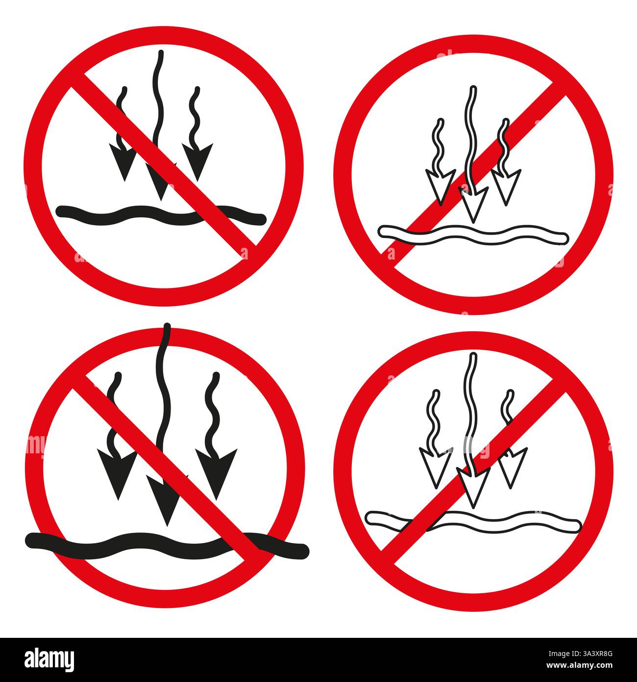 Prohibition signs set. No heat emission icons. Red and black graphics ...