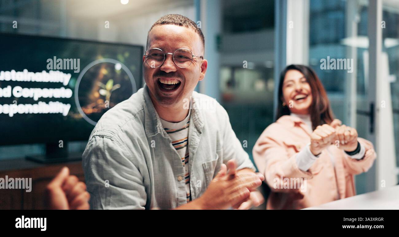 Business people, excited and celebration in promotion, announcement or ...