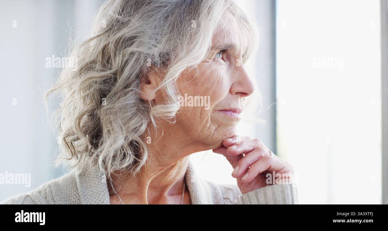 Thinking, retirement and elderly woman in home with reflection, idea ...