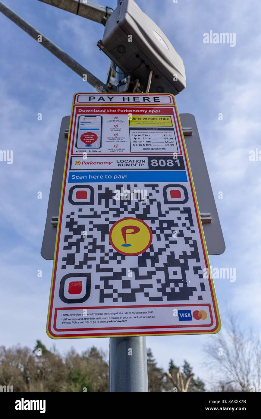 Pay and display parking signage with a QR code in the Co-op car park ...