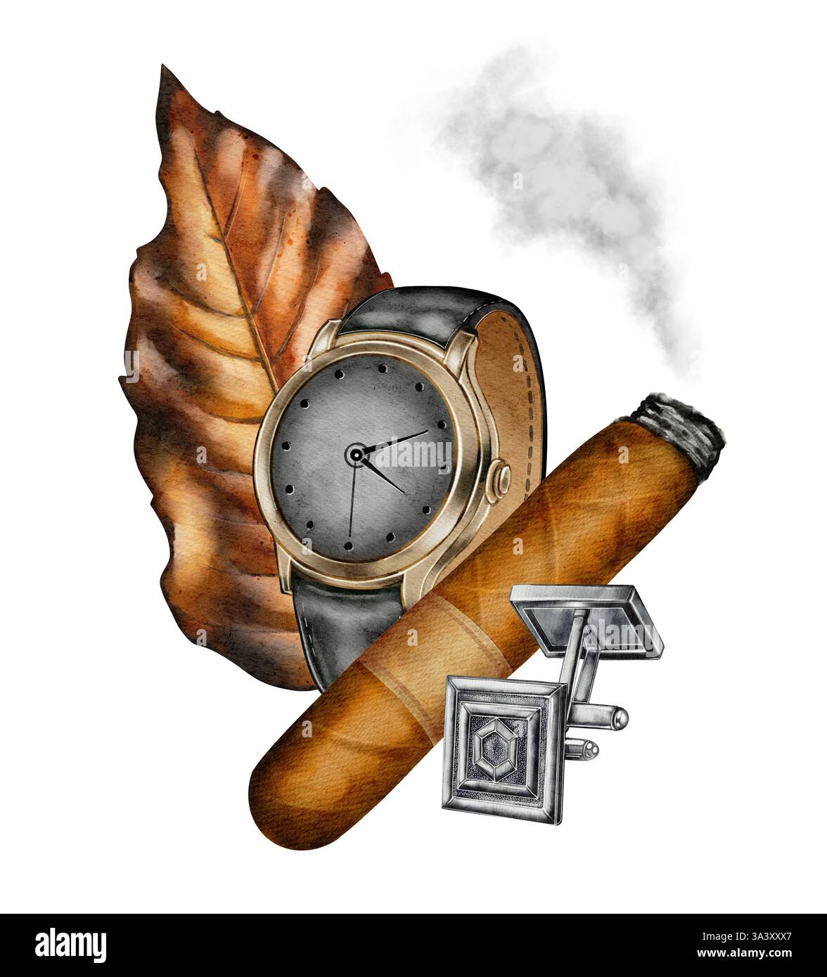 Stylish composition with a smoking cigar, classic watch, and cufflinks ...